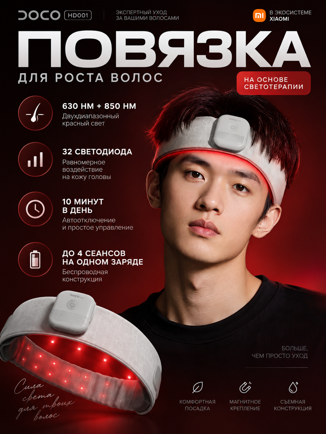 Повязка DOCO HD001, с красным светом для стимуляции роста волос