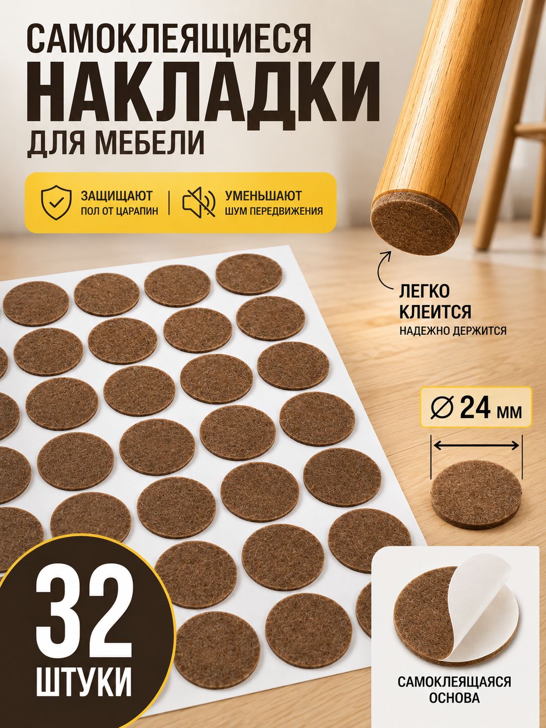 Накладки, наклейки от повреждений на мебельные ножки (самоклеящиеся подкладки для мебели) 24мм, 32шт. коричневый