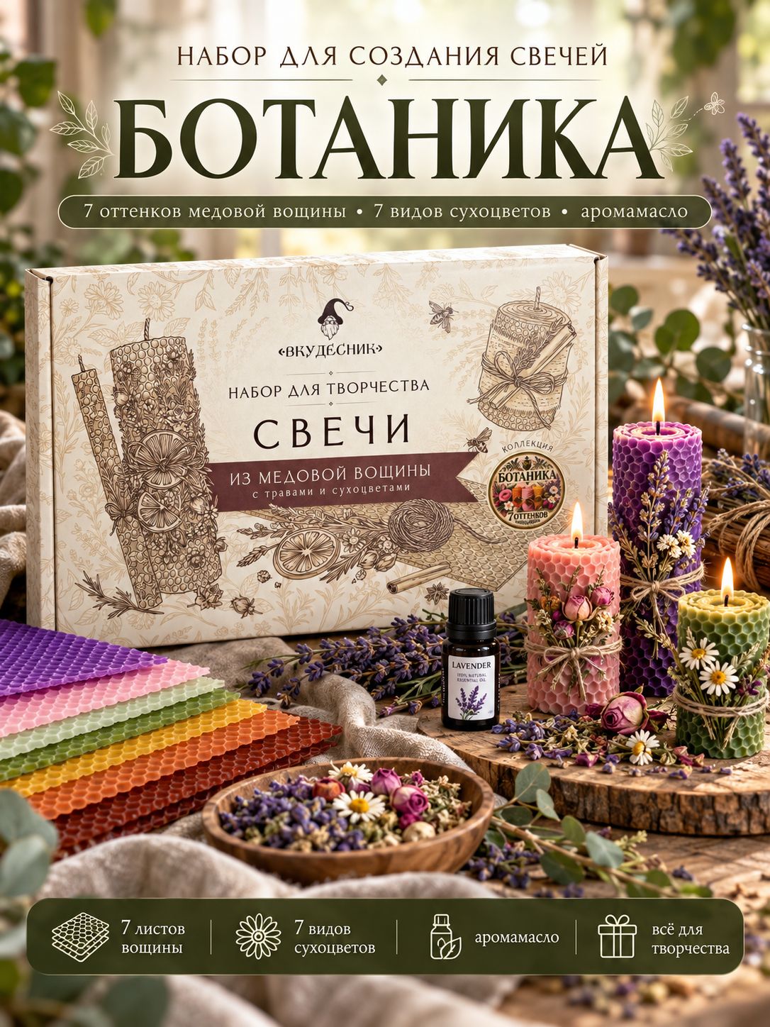 Подарочный набор для изготовления свечей из медовой вощины с травами, сухоцветами и аромамаслом, подарок на Новый год 2027 женщине, маме