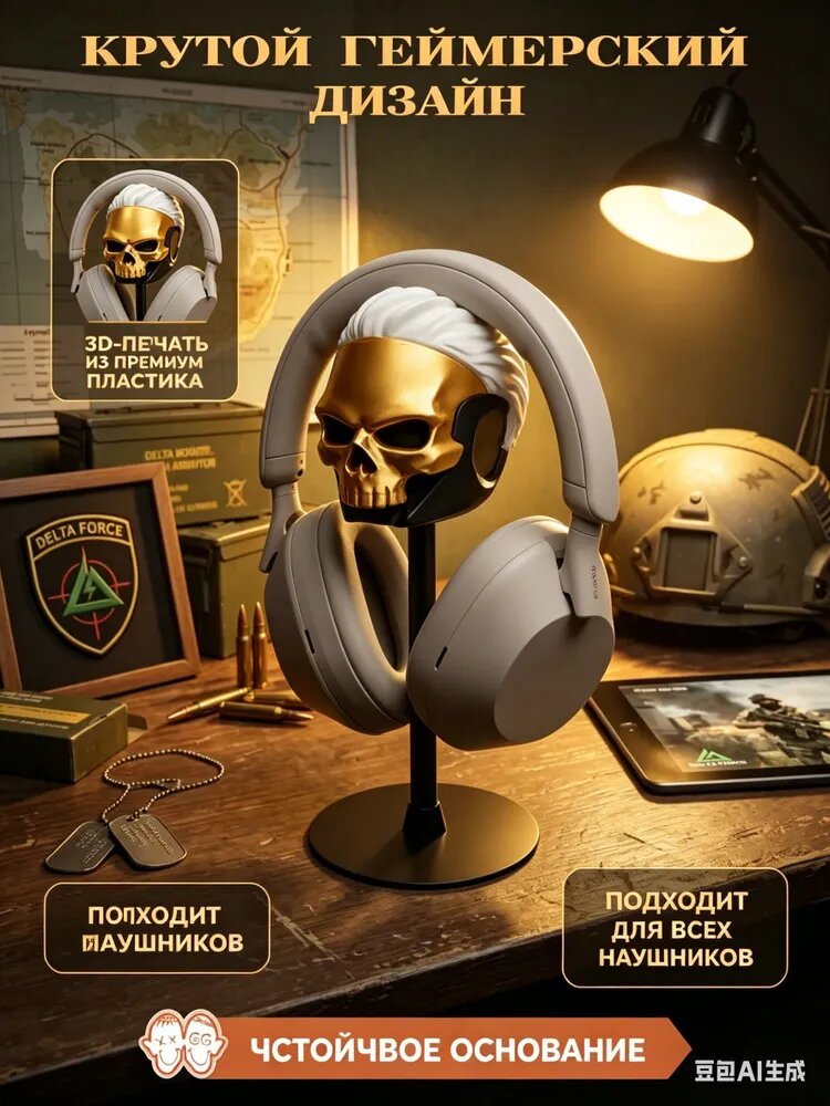 Держатель для наушников игровой Череп - Подставка настольная геймерская 3D-печать, органайзер для игровых гарнитур в стиле Ghost, тактический аксессуар для компьютерного стола