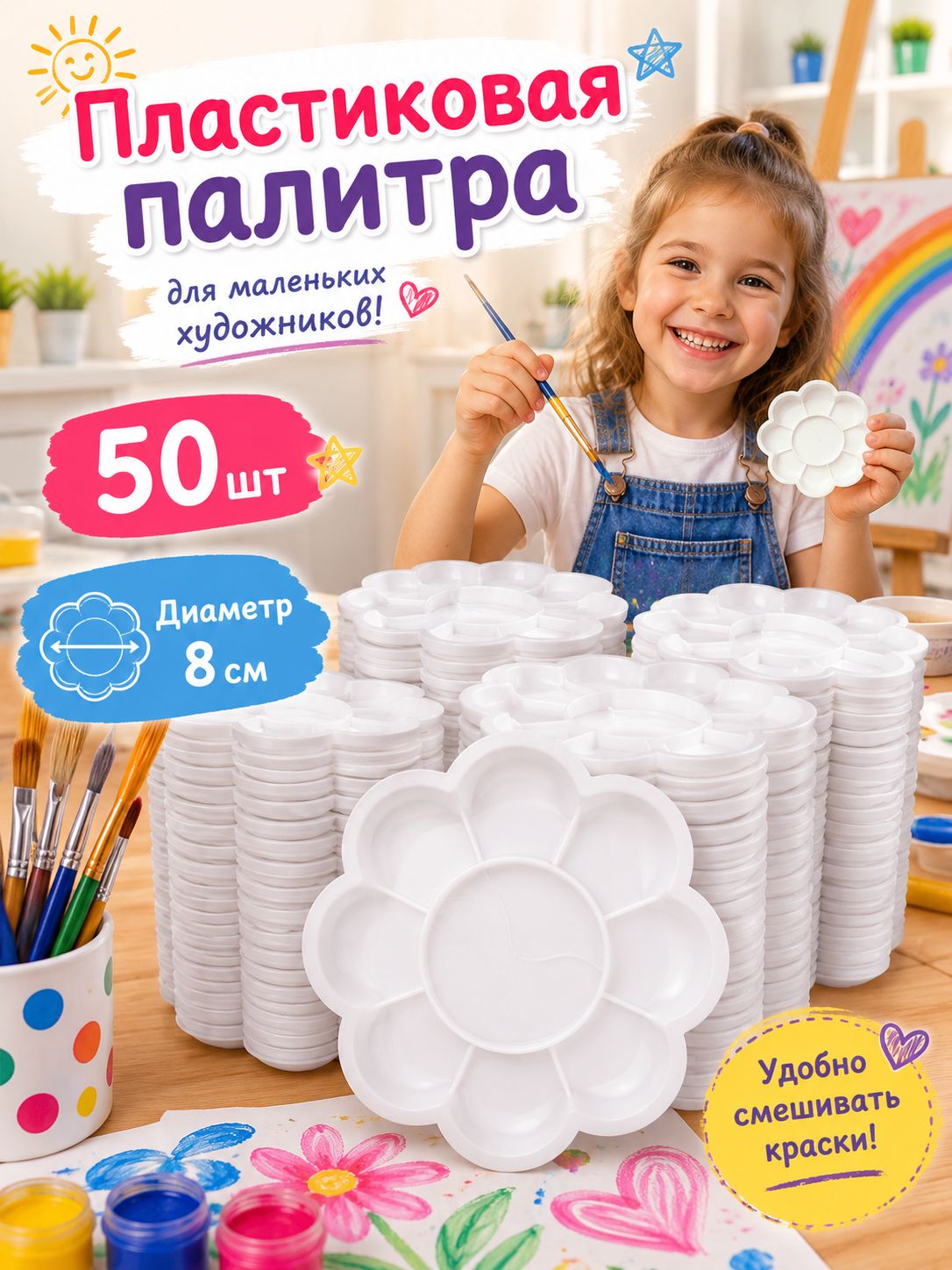 Палитры для рисования пластиковые одноразовые 50 шт, мини палитра для акварели и гуаши, для детского сада и школы