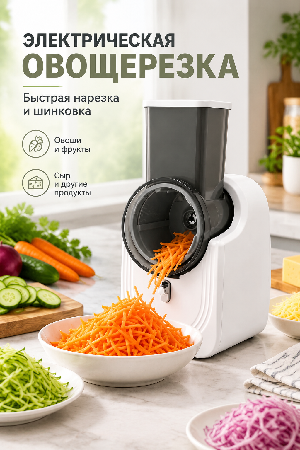 Электрическая ломтерезка с 6 насадками для нарезки и шинковки овощей, сыра и фруктов
