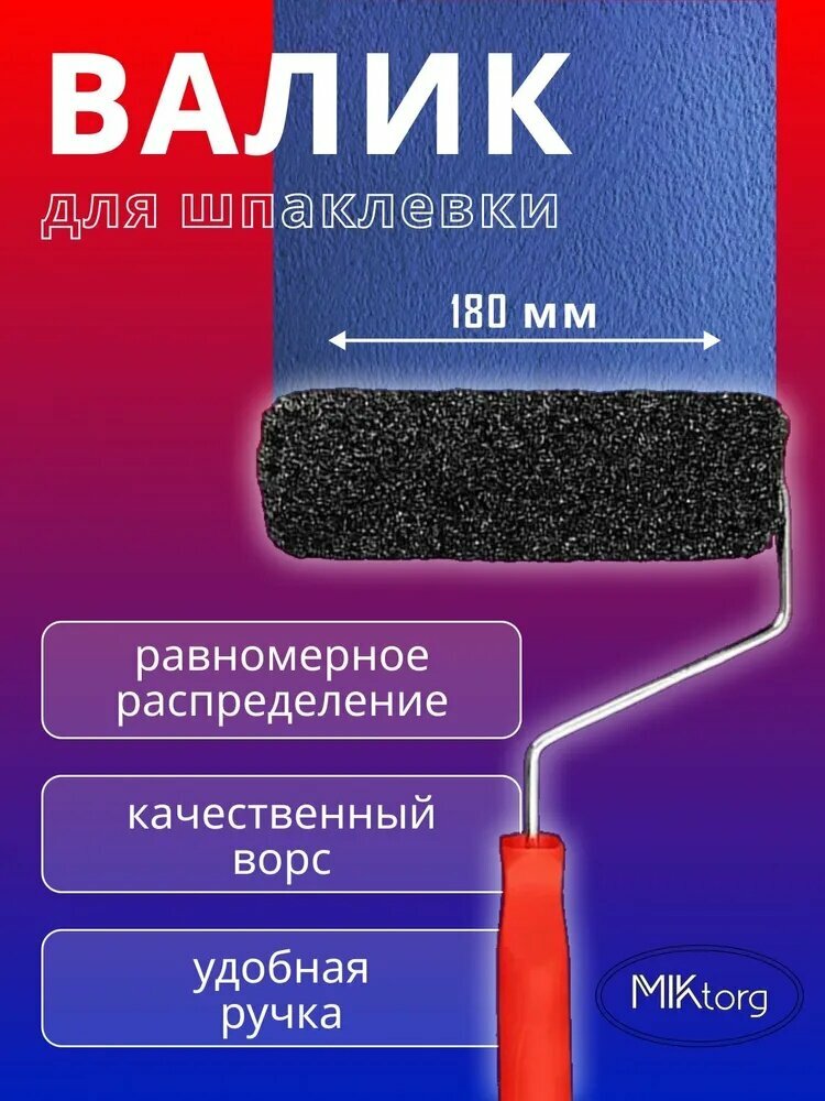 Валик для нанесения шпаклевки 18 см с ручкой для выравнивающих смесей (шпатлевки)