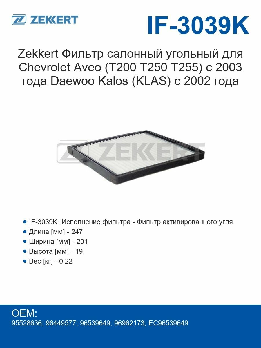 Zekkert Фильтр салонный угольный для Chevrolet Aveo (T200 T250 T255) с 2003 года Daewoo Kalos (KLAS) с 2002 года