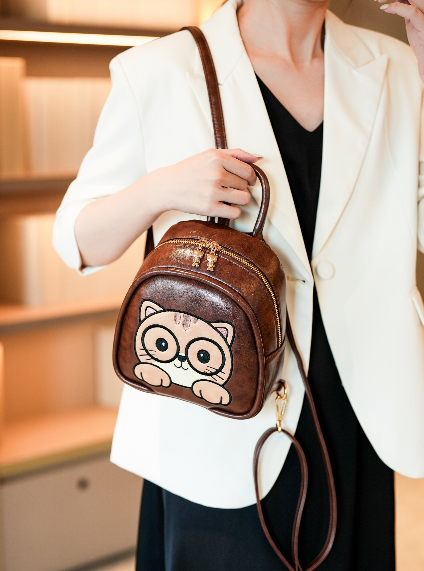 Рюкзак винтажный Beibaobao темно коричневый с кошкой мини y2k городской