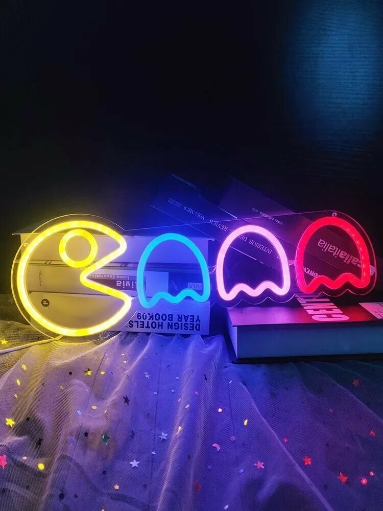 Ретро светильник LED в виде призрака Пакмана 43x15 см для игровой комнаты с питанием от USB идеальный подарок на Хэллоуин и Новый год