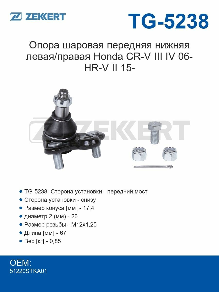 Zekkert Опора шаровая передняя нижняя левая/правая Honda CR-V III-IV с 2006 года HR-V II с 2015 года