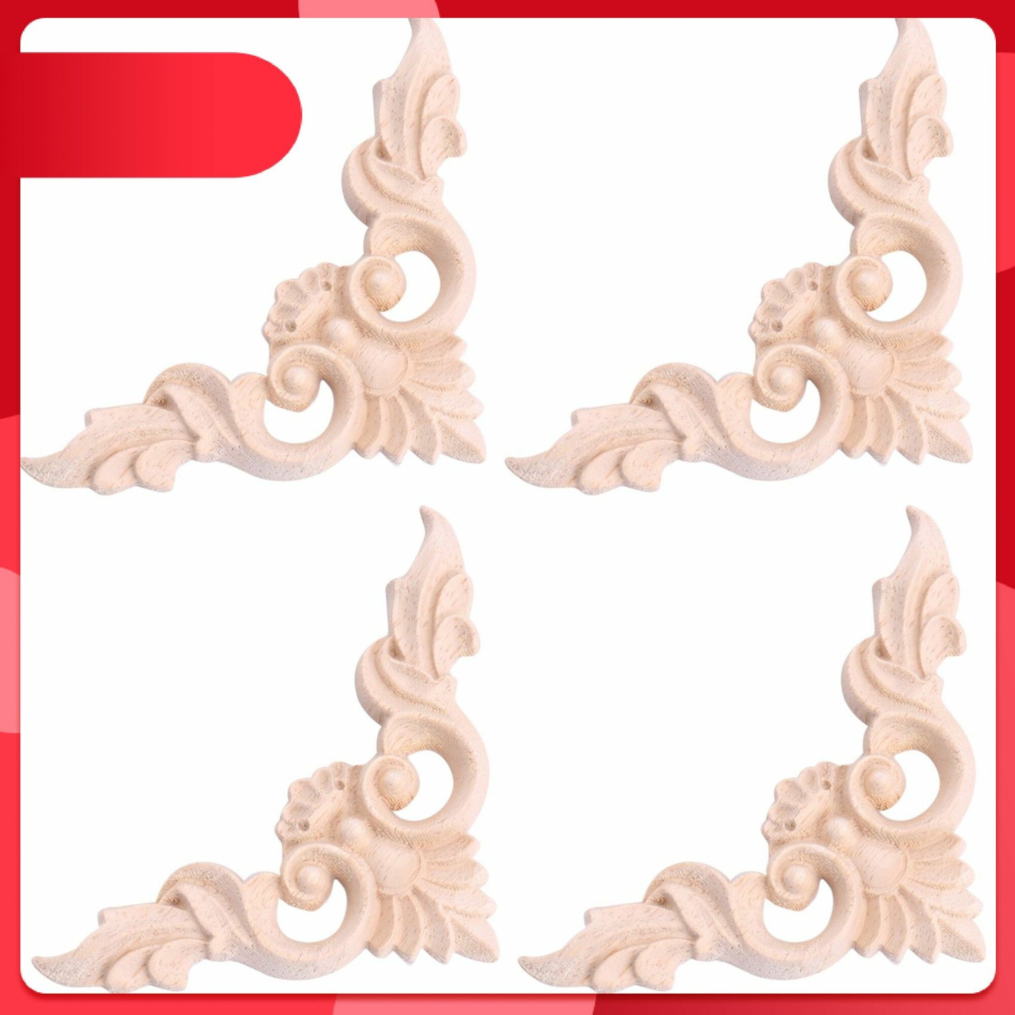 Эксклюзивные неокрашенные аппликации для декора мебели, 4 деревянные резные угловые накладки 8x8 см