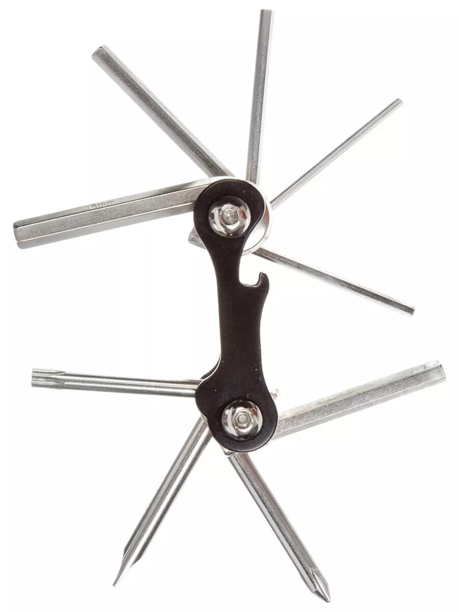 Мультитул Kenli KL-9835A: шестигранники - 2/2,5/3/4/5/6мм, отвертки -/+/torx T25, спицевые ключи 14/15G, выжимка цепи