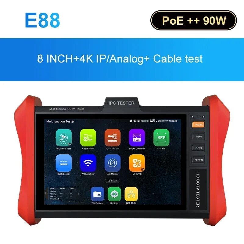 Тестер CCTV Монитор 8" 4K H.265 IP 8MP Инструмент для тестирования камер CCTV AHD/TVI/CVI Входы HDMI и VGA Тестер кабелей