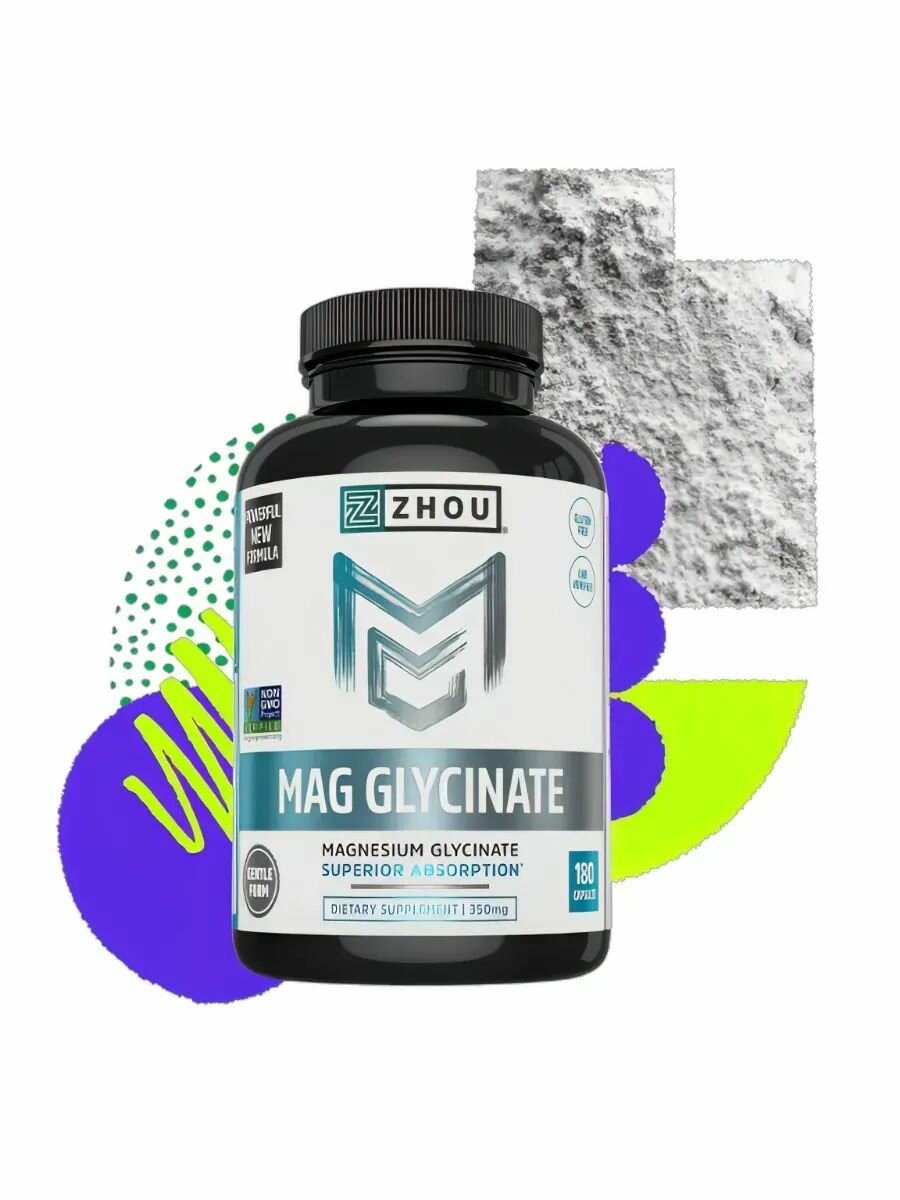 БАД Zhou Nutrition "Magnesium Glycinate", хелатная форма, 350мг, 180капсул