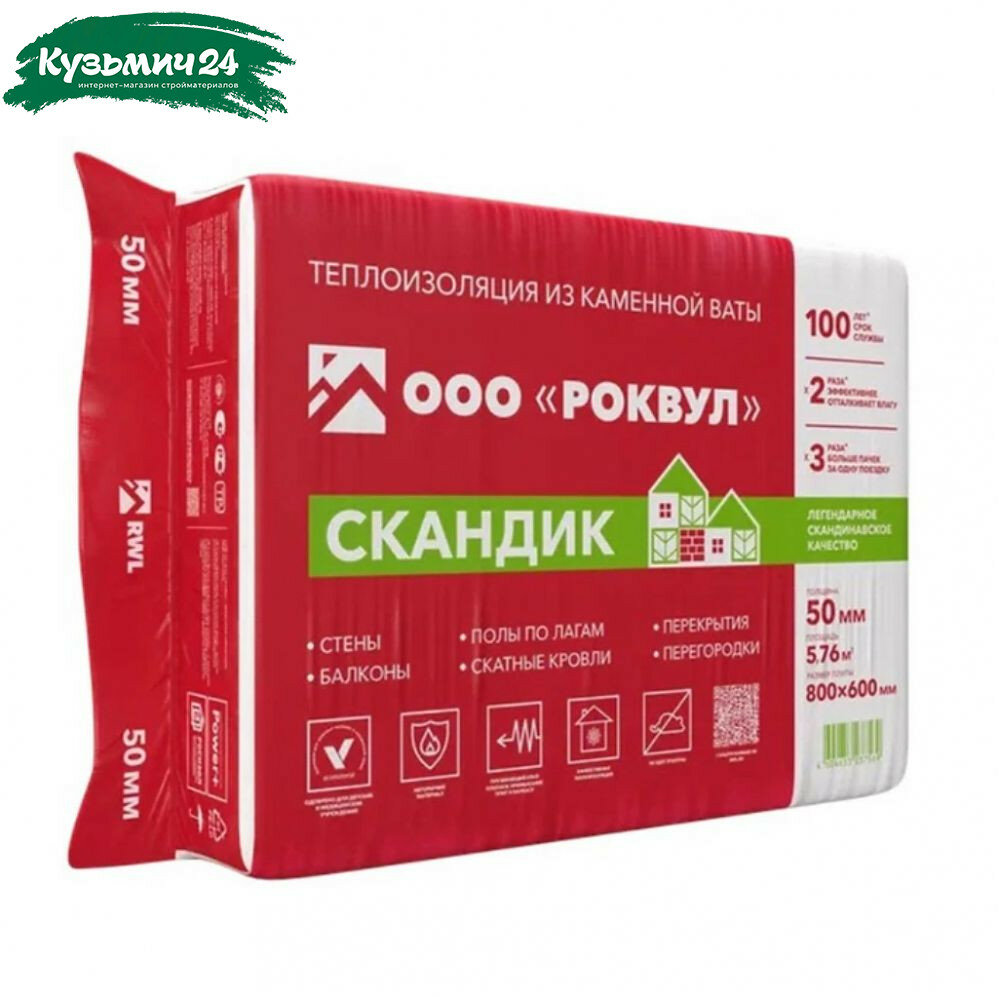Утеплитель Rockwool Скандик для стен, пола, перекрытий, 50х600х800 мм, 5.76 кв. м, 12 плит