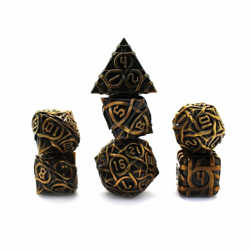 Игральные кости для DnD и RPG, кубики металлические игральные для Dungeons & Dragons, дайсы ДнД и РПГ 7 шт. Узорный пирит