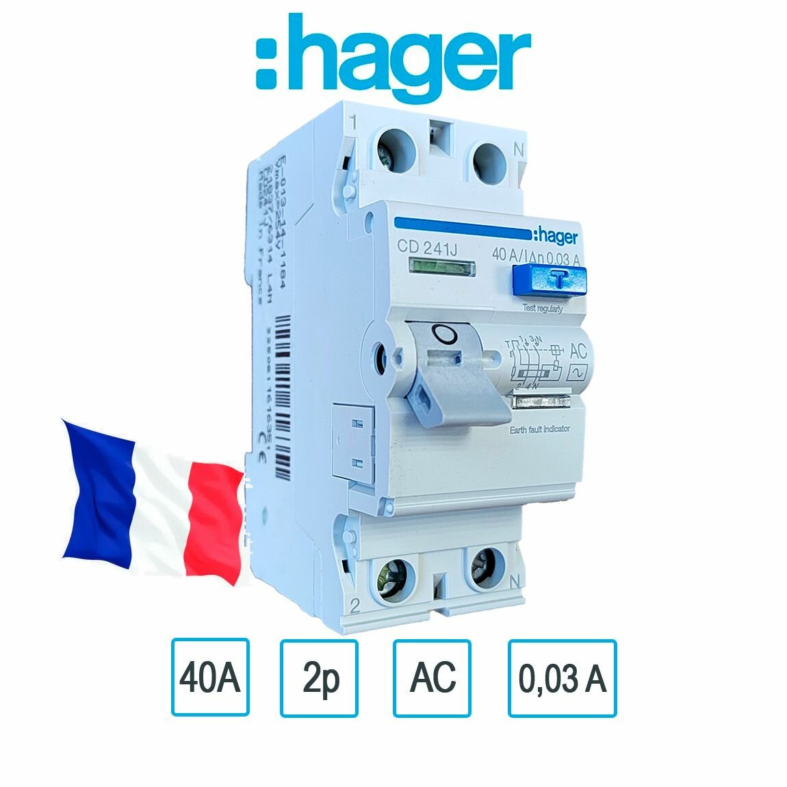 УЗО 40 A, 30 mA, 2P, тип AC, Hager, CD241J