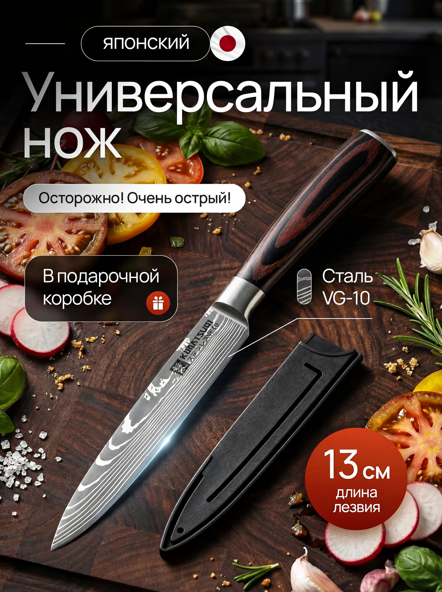 Kimatsugi / Японский универсальный кухонный нож в подарочной коробке. Сталь VG10. Длина лезвия 13 см