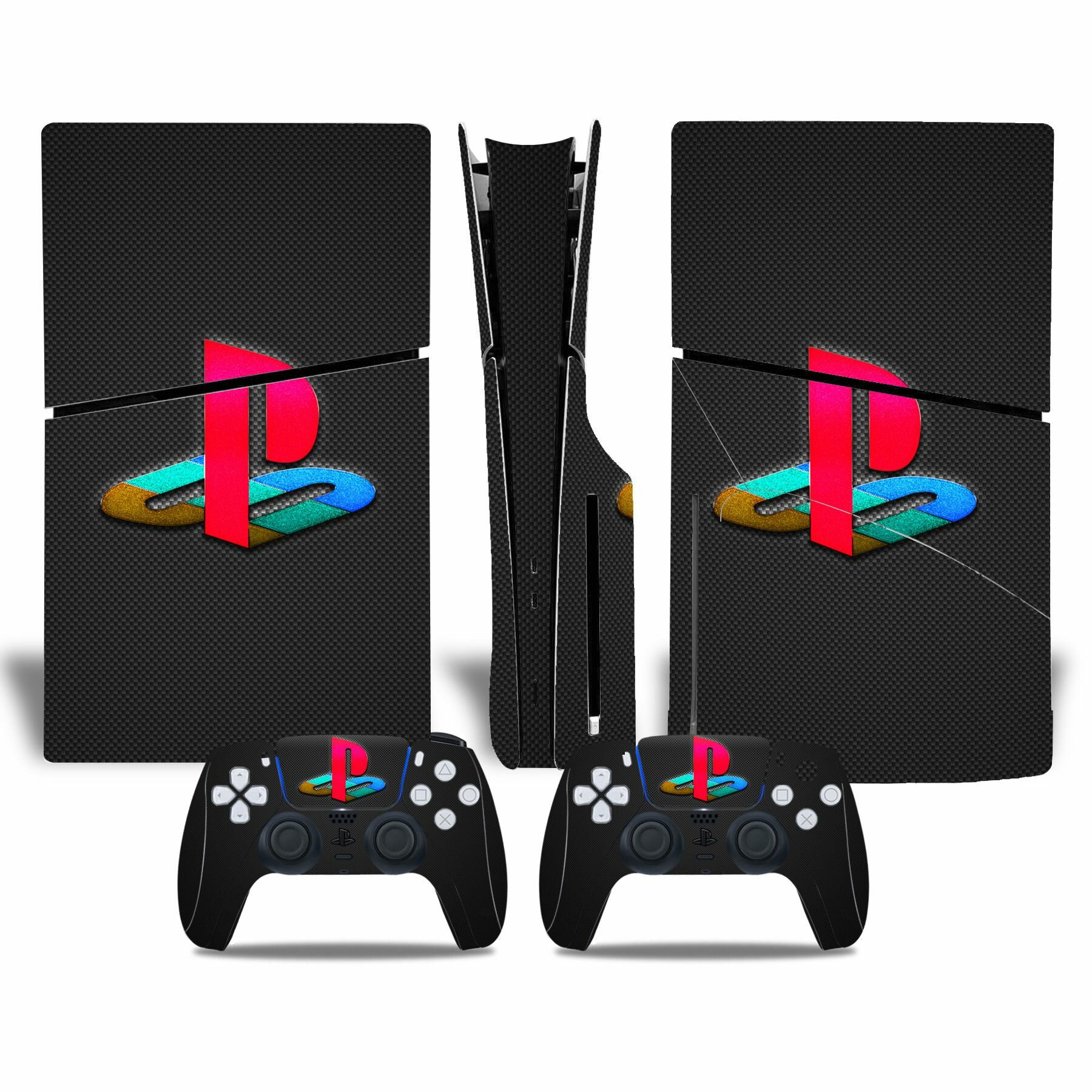 Наклейка виниловая защитная на игровую консоль Sony PlayStation 5 Slim Disc Edition, Old Иконка PS, полный комплект с геймпадами