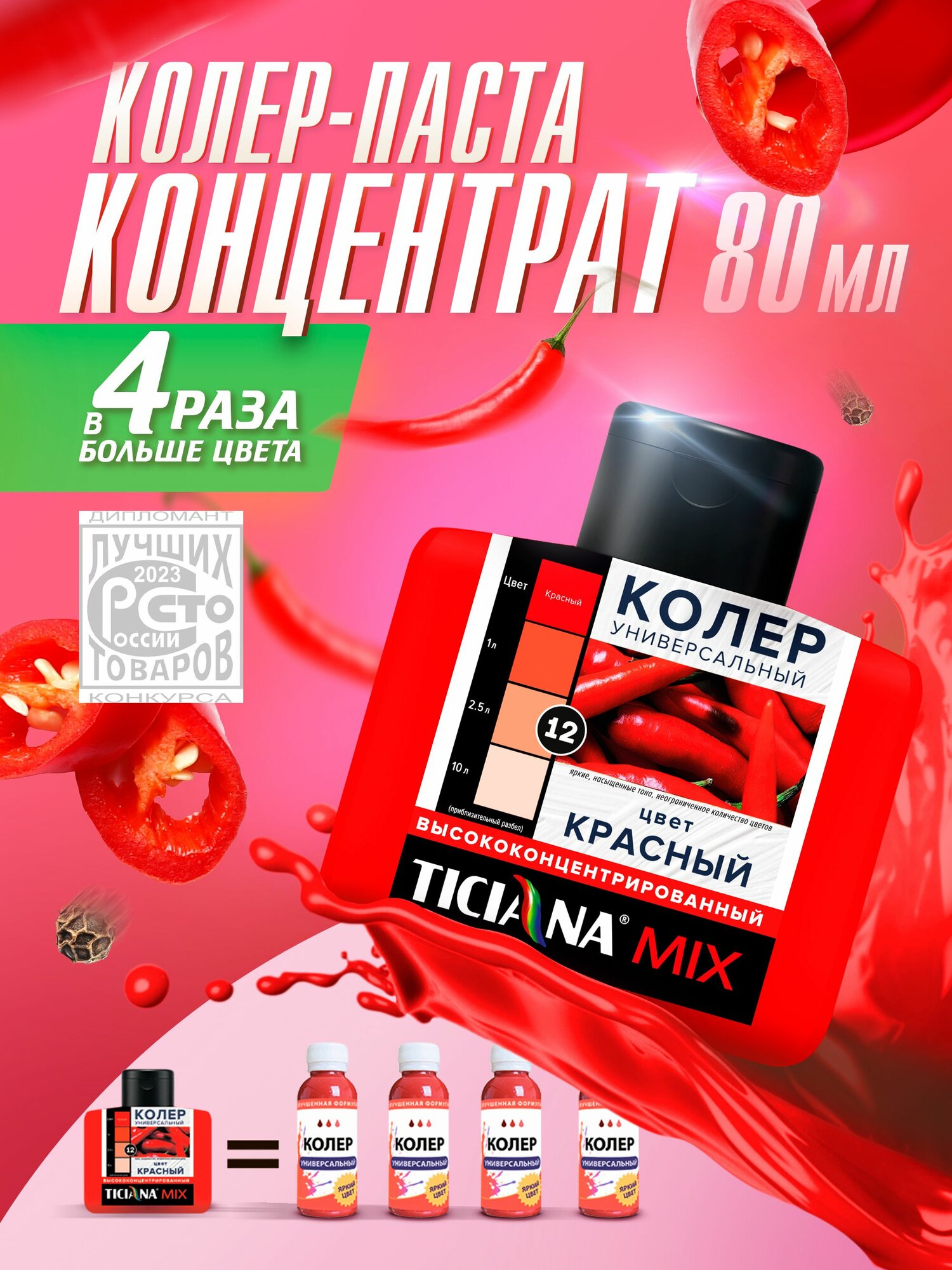 Колер-концентрат для краски универсальный TICIANA MIX, колер-паста насыщенная, Цвет: экстра Красный, 80 мл