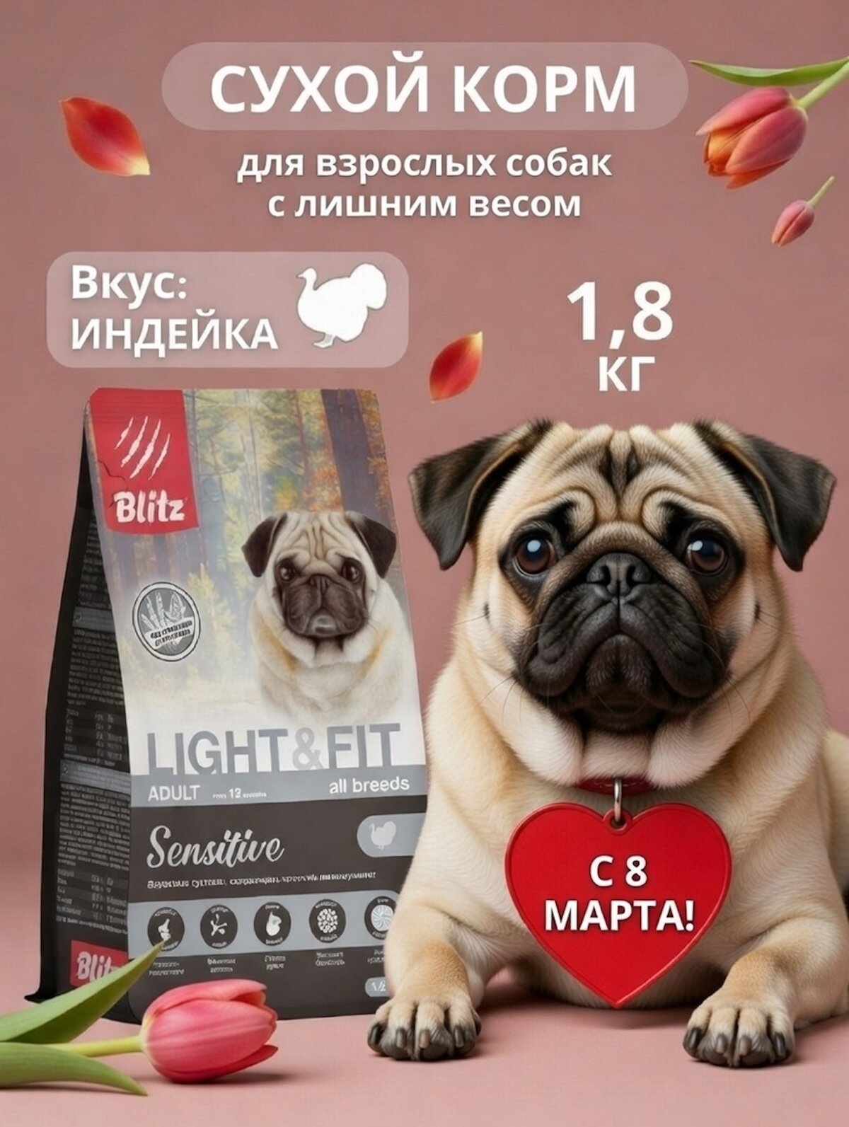 Сухой корм для собак с лишним весом Blitz Sensitive Adult Light & Fit индейка, 1,8 кг
