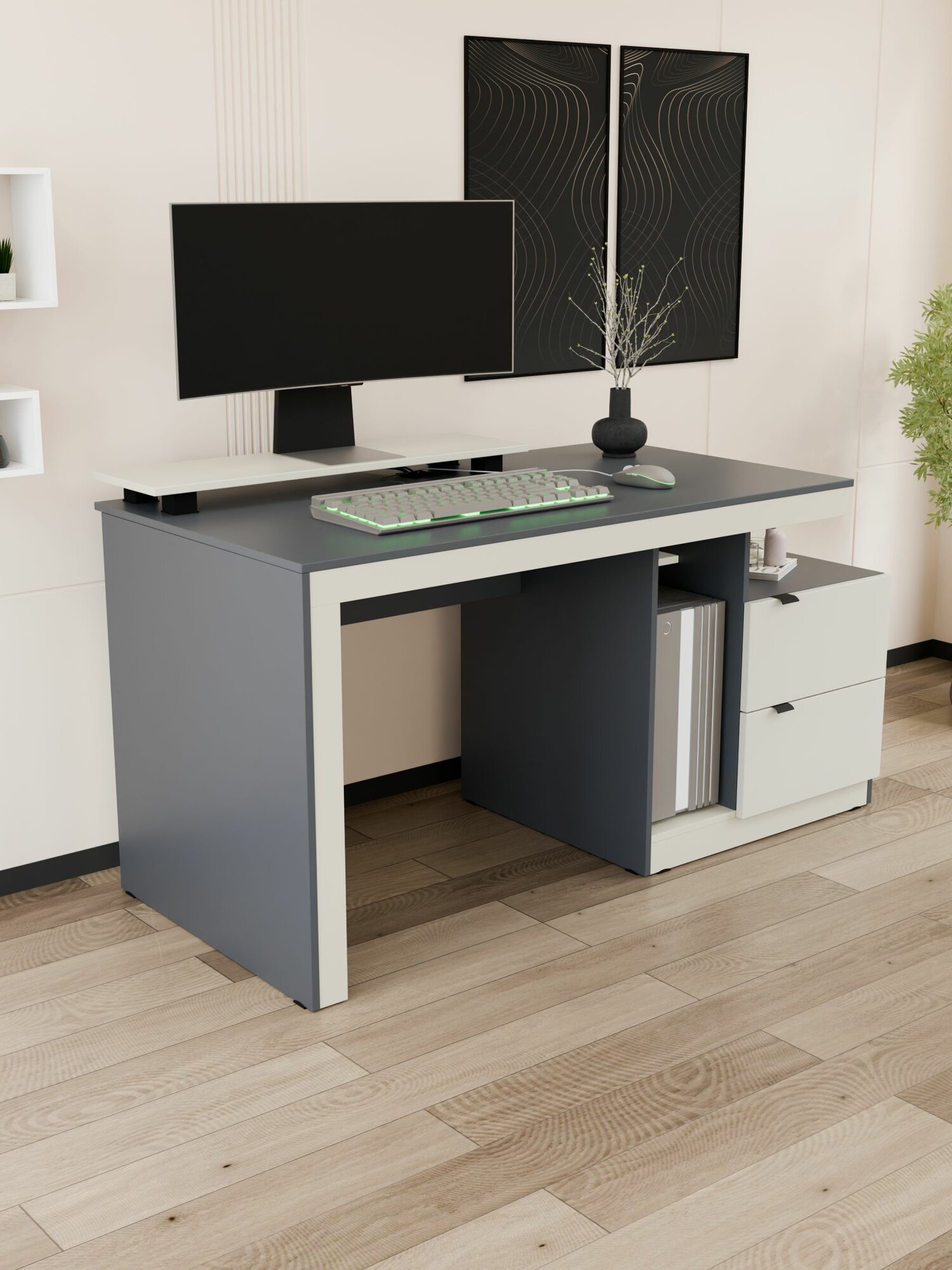 Изумлит Стол компьютерный для офиса и дома Вертикаль Лайт 162х80х74.5 см, тумба справа, графит-бежевый