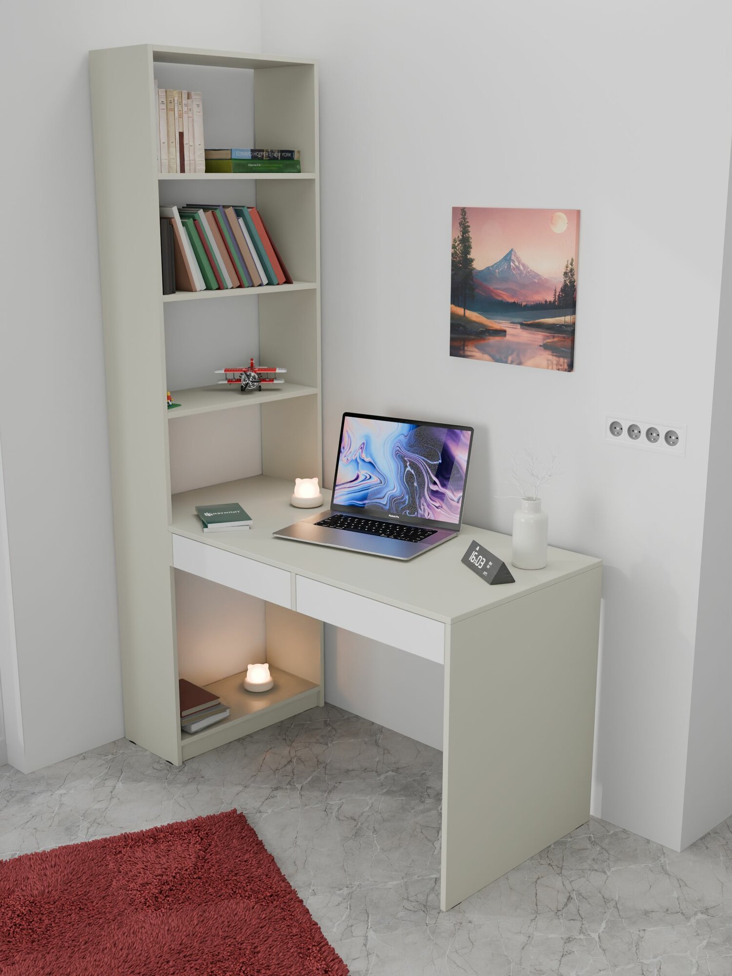 Изумлит Стол-стеллаж письменный угловой, стеллаж слева 200х130х59.2 см, бежевый-белый