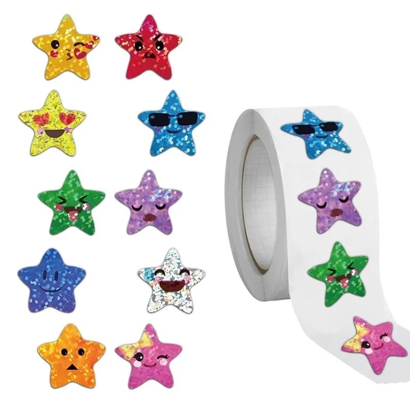 (1 рулон из 500 наклеек) Мультяшные наклейки с эмодзи в виде милых звездочек