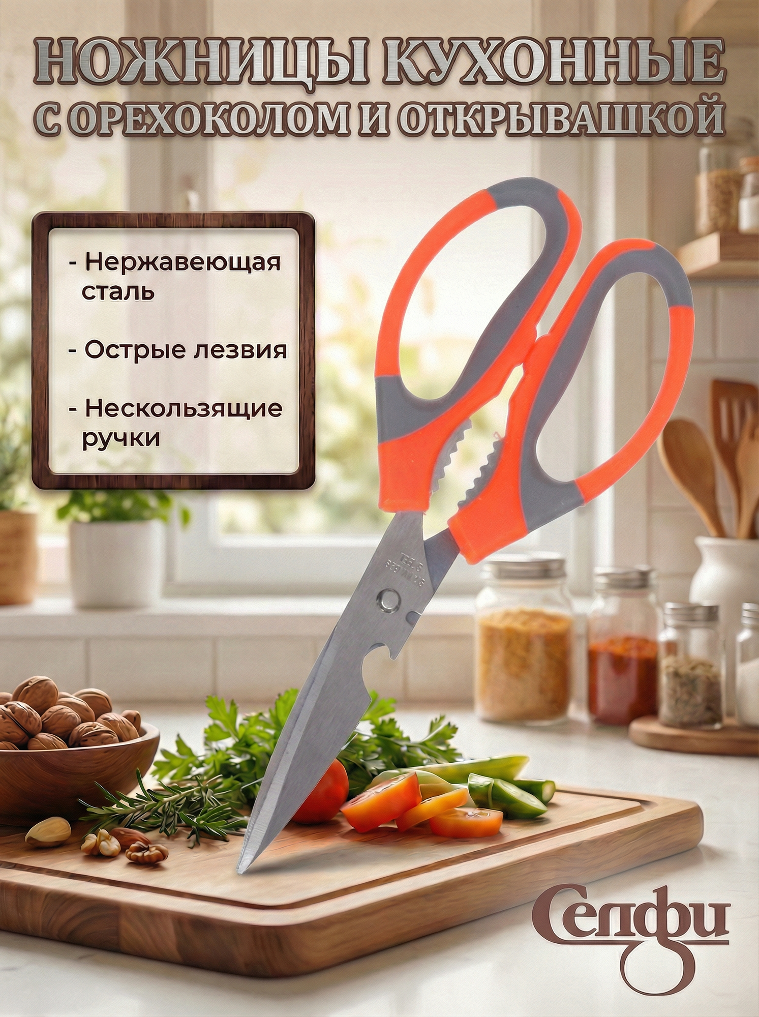 Кухонные ножницы 21см с орехоколом и открывашкой, удобные, острые