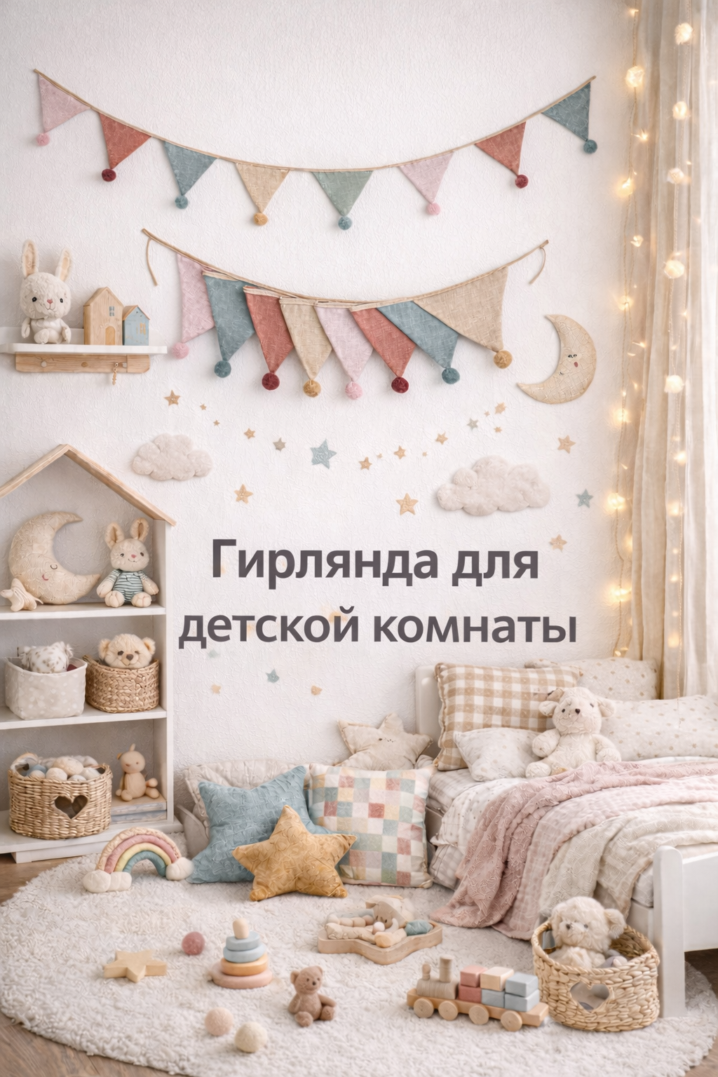 Декоративное украшение гирлянда из флажков Длина 2,55 м, текстильная гирлянда, гирлянда с помпонами : Пастельный микс