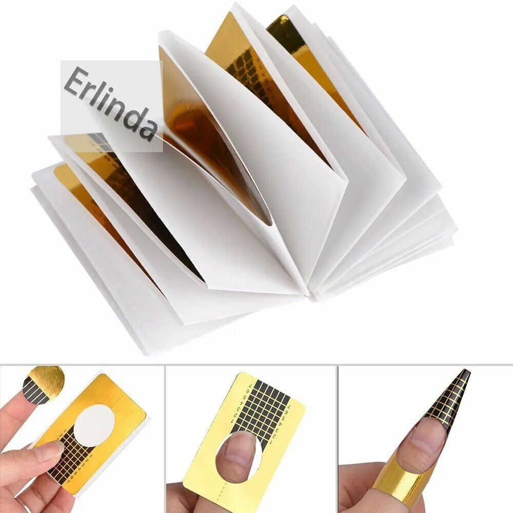 Набор из 50 штук художественных наконечников для ногтей из акрилового UV-желя с руководством, формой и стикером, материал: бумага, цвет: золотой, вес: