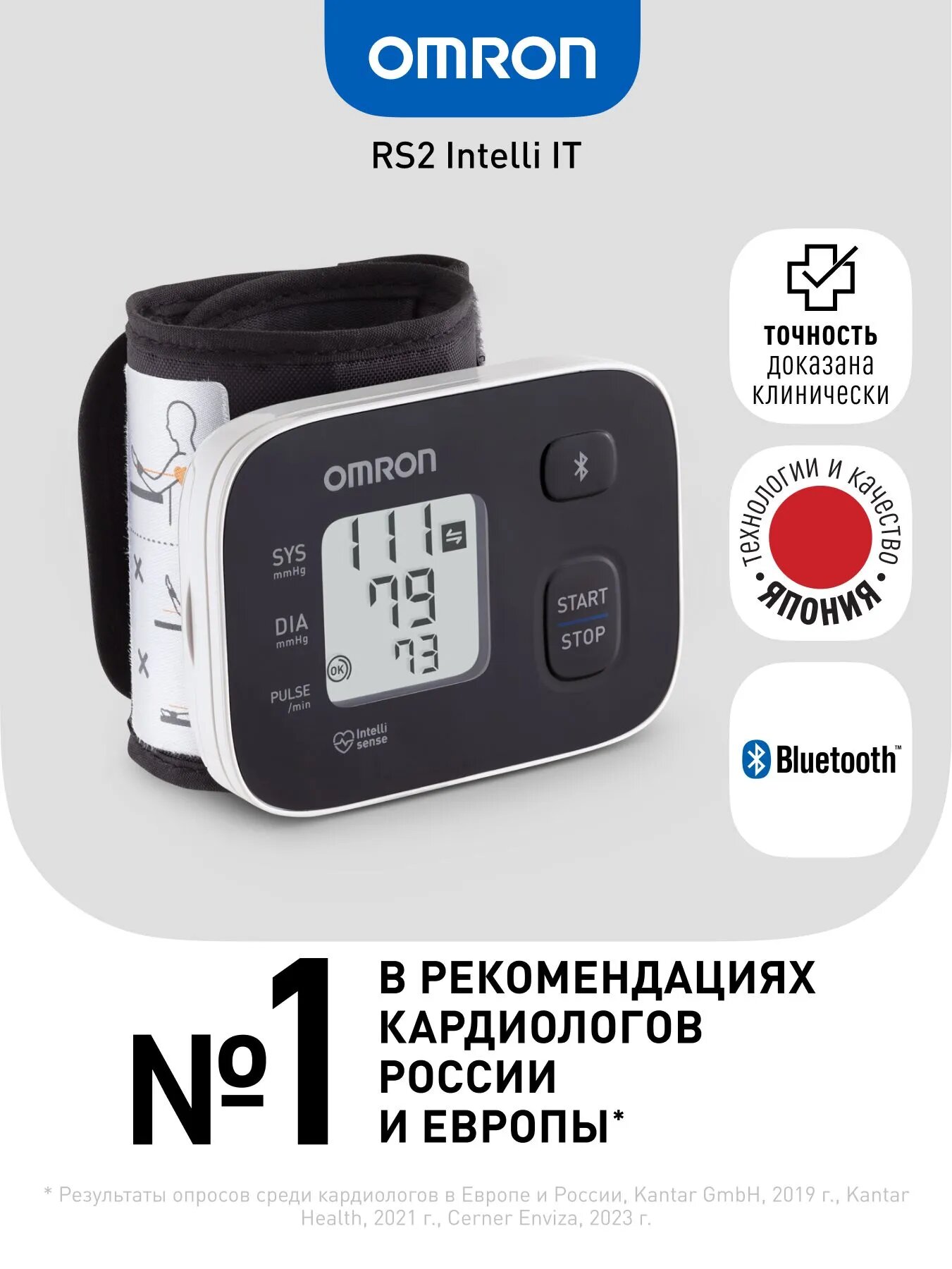 Тонометр OMRON RS2 Intelli IT на запястье, с Bluetooth, универсальная манжета