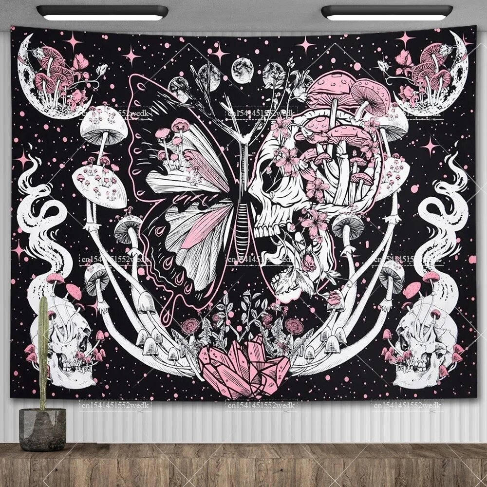 Гобелен готический череп и цветы, розовый 230x150cm, BGT5361