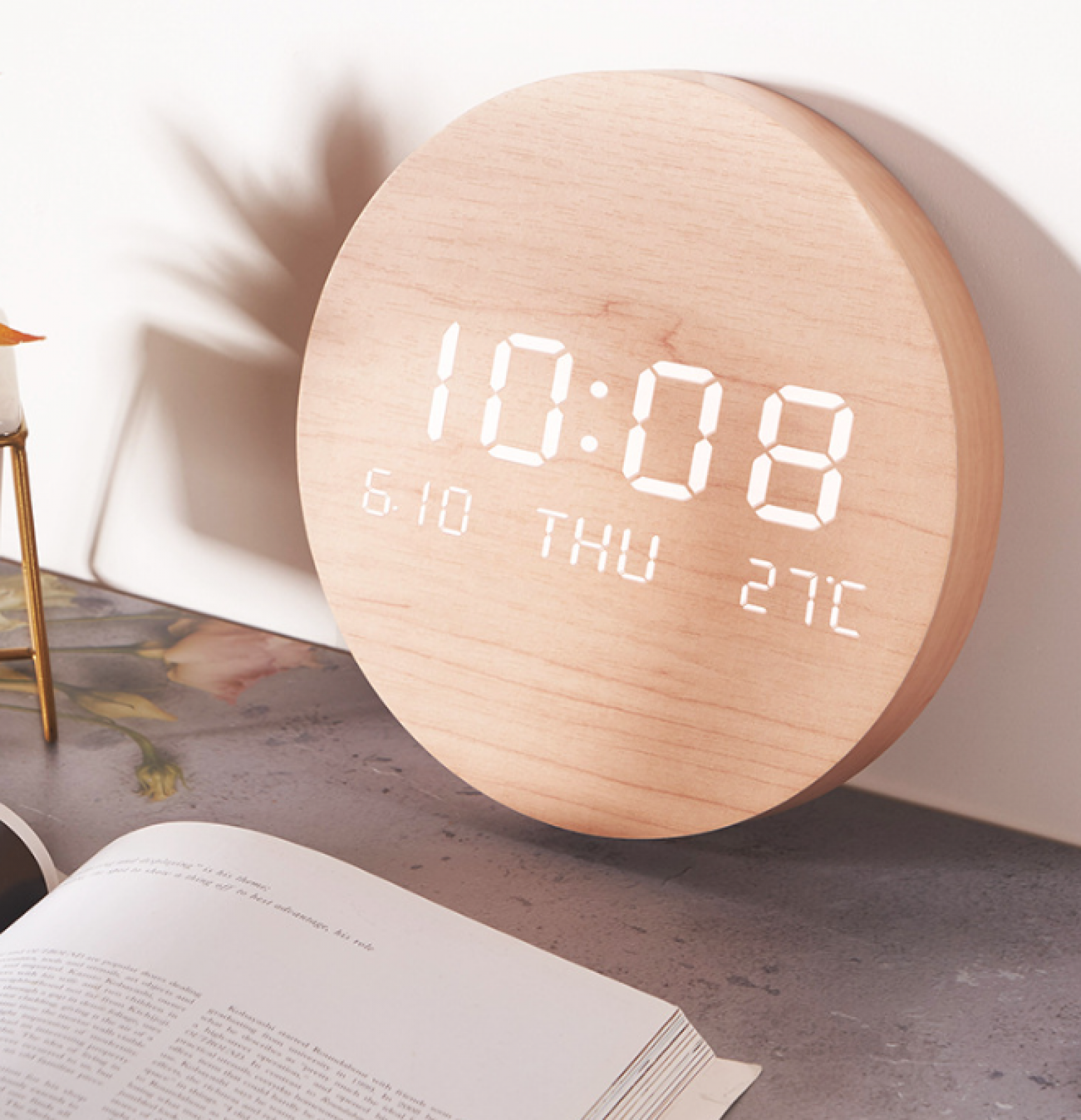 Настенные светодиодные часы MyPads X-S201 из массива дерева с отображением температуры, даты и встроенным аккумулятором