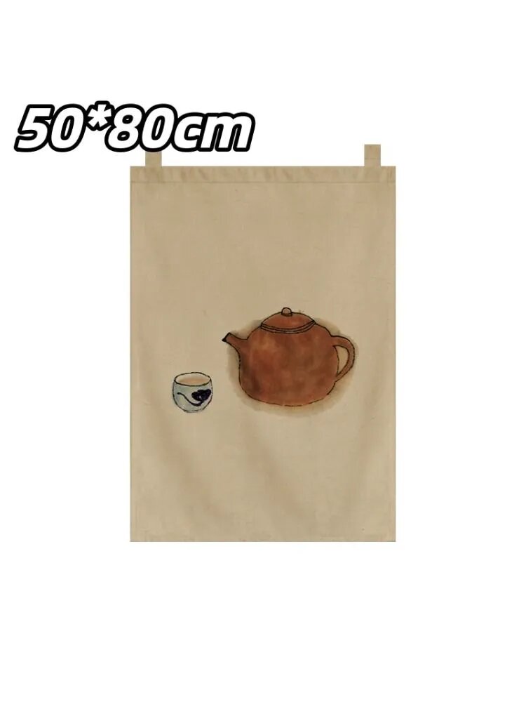 Занавеска на дверь 50x80 см темно-бежевый, с рисунком чайника, для дверного проема