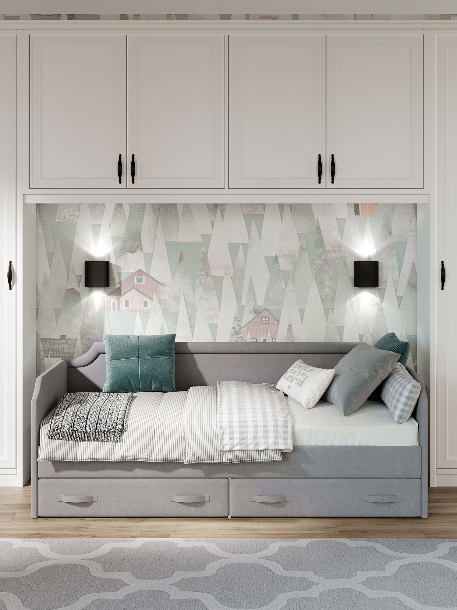 Кровать с мягкой обивкой и ящиками «Кантри» Тип 1 (900) - ТД-308.12.02 Велюр Светло-серый