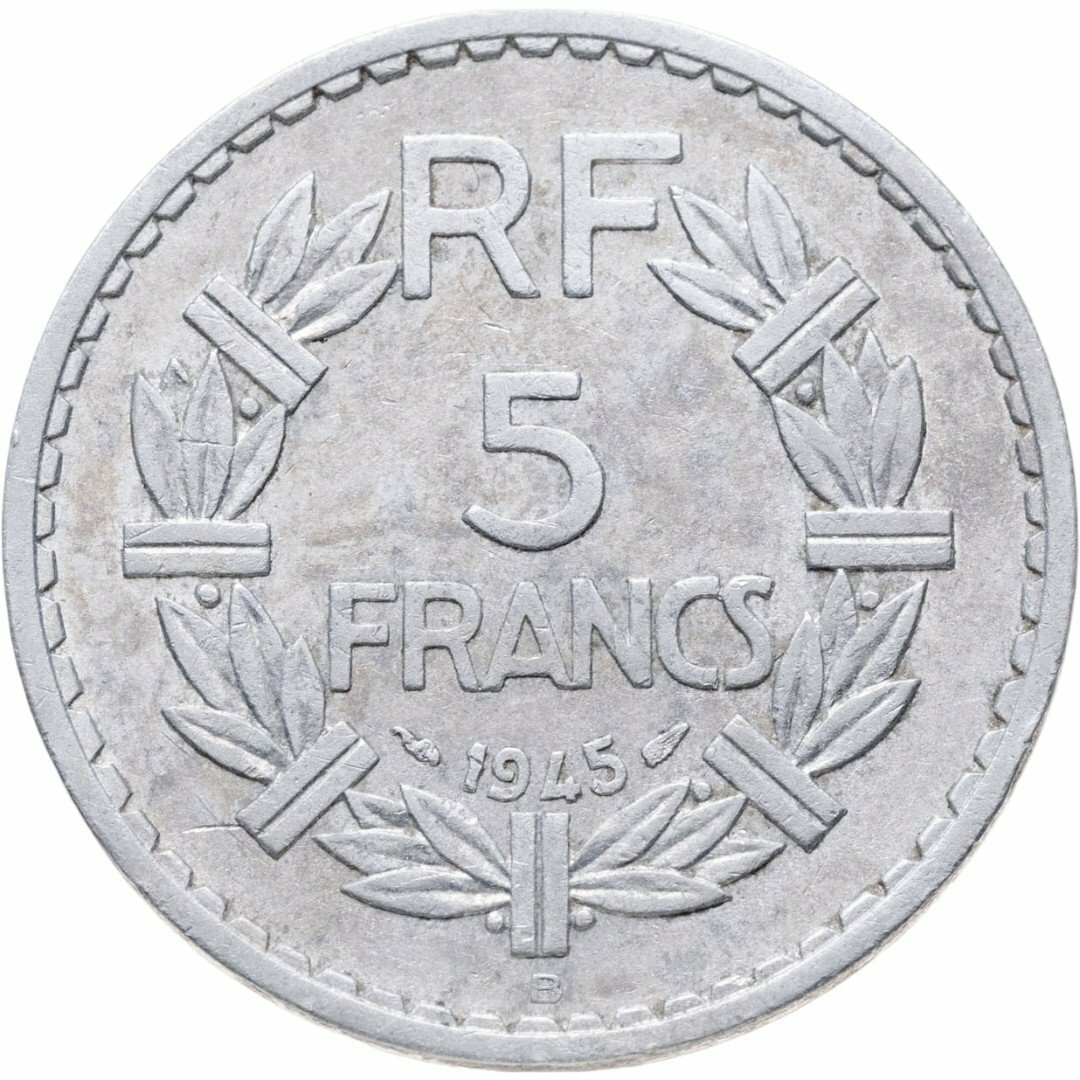 Франция 5 франков francs 1945 B Алюминий /серый цвет/ знак монетного двора: "B" - Бомон-ле-Роже, в сохранности VF