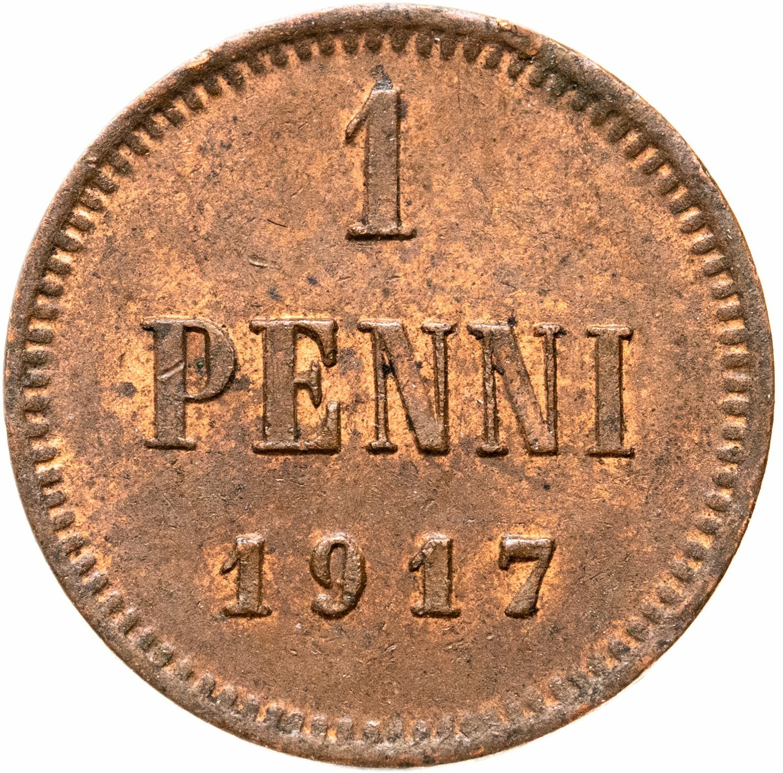 1 пенни penni 1917, монета для Финляндии, Медь, в сохранности AU