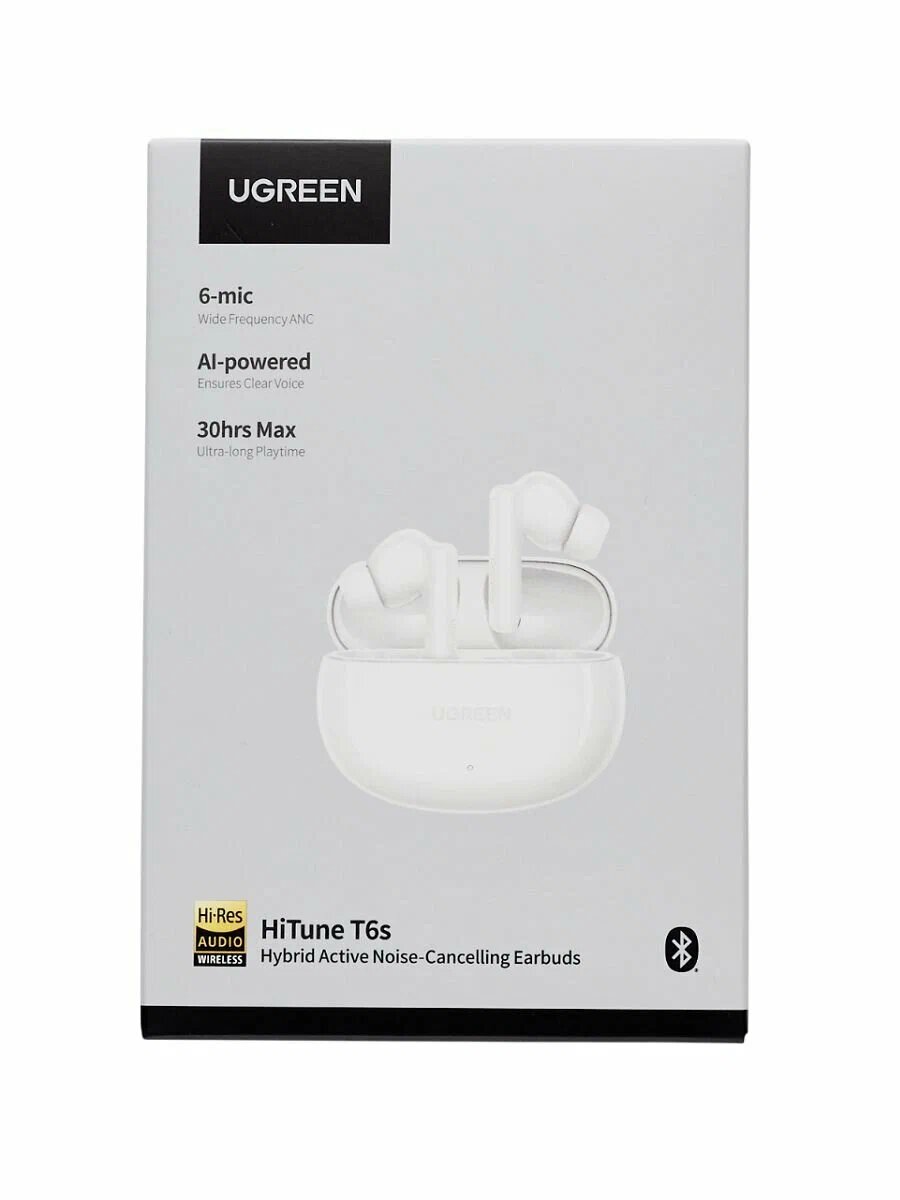 Наушники беспроводные UGREEN WS205 (45585) HiTune T6s Hybrid Active Noise-Cancelling Earbuds. Цвет: белый