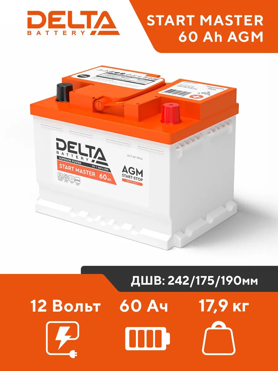 Аккумулятор автомобильный 60 Ah 12V AGM обратная полярность