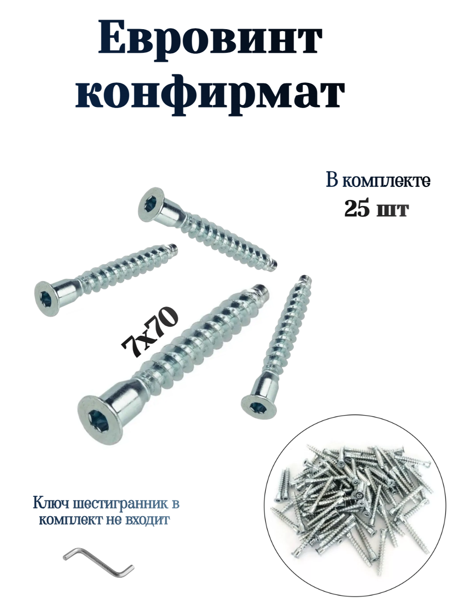 Евровинт, конфирмат ALFUR 7x70мм, в комплекте 25шт, стальной цвет