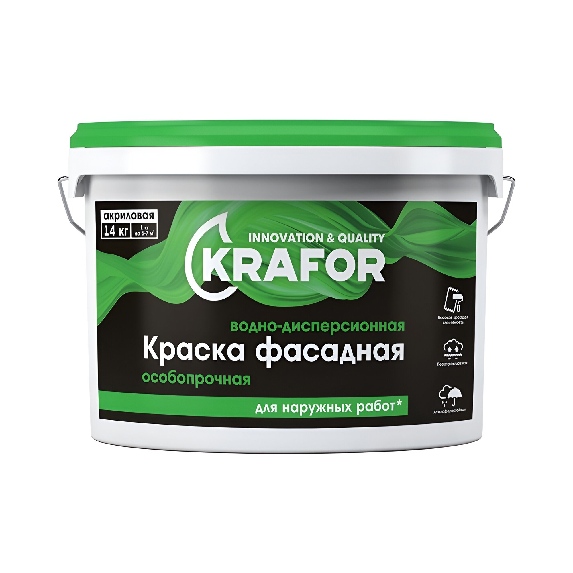 Краска водно-дисперсионная фасадная особопрочная Krafor, 40 кг, белая