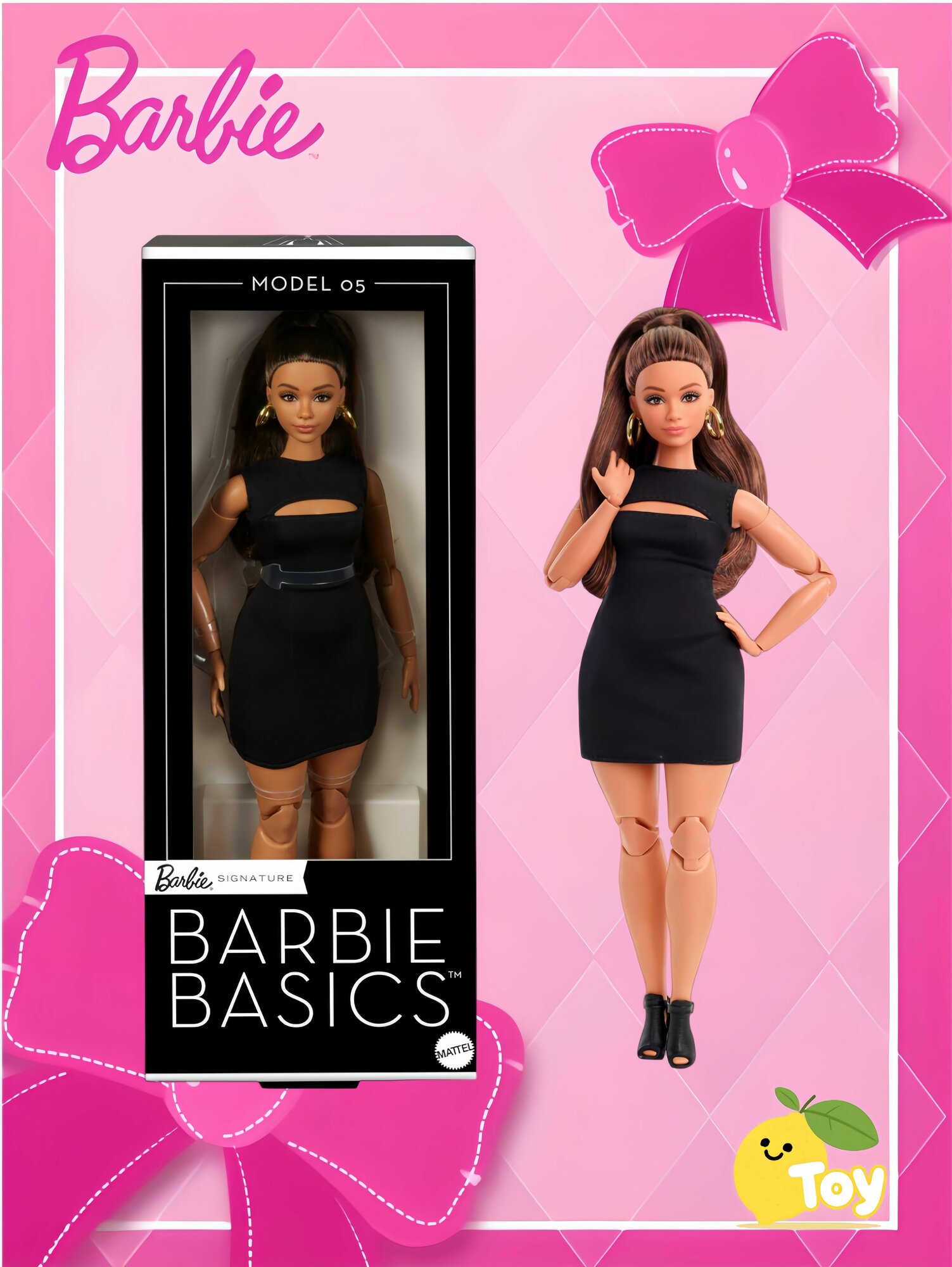 Коллекционная кукла Barbie Basics, модель 05 с темными волосами, в черном платье и на каблуках