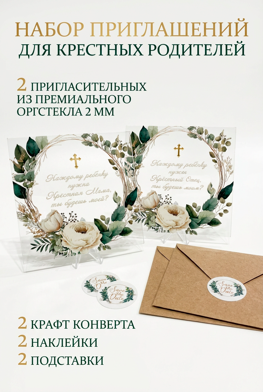 Пригласительные для Крестных родителей "Родные души", оргстекло, 10х10 см, 2 шт