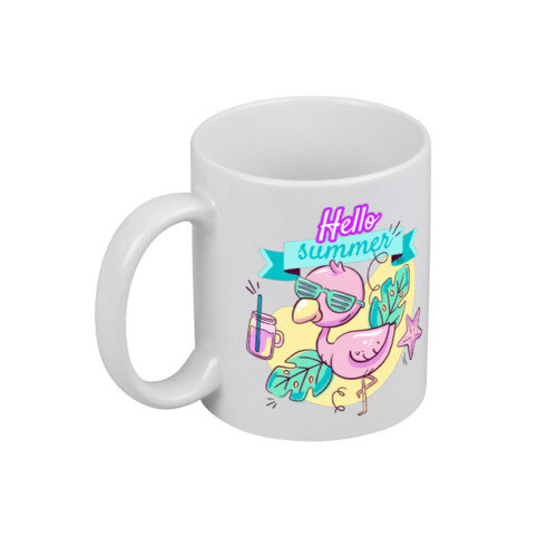 Кружка «Модный фламинго, птица, Привет лето, пляж, коктель» (белый)