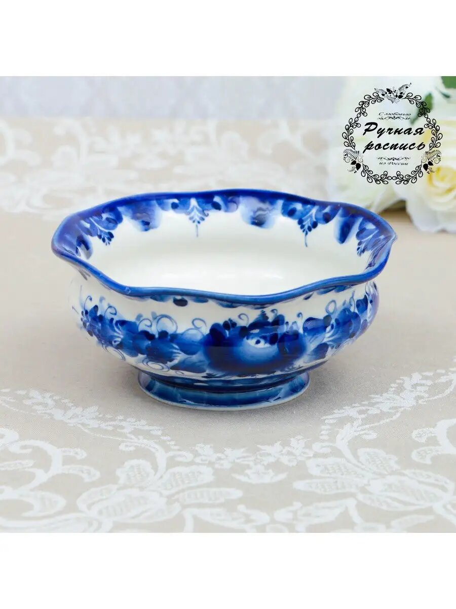 Миска - пельменница гжель «Яркий вкус», бело-синий, фарфор, 7×17 см