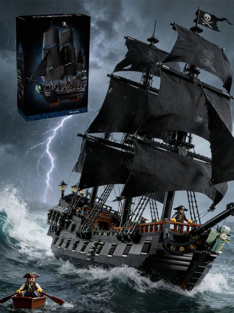 Сборная модель Черная Жемчужина для взрослых 18+. Коллекционный набор с 8 минифигурками, подвижными пушками и штурвалом, 2862 детали. Подарок, хобби, декор.