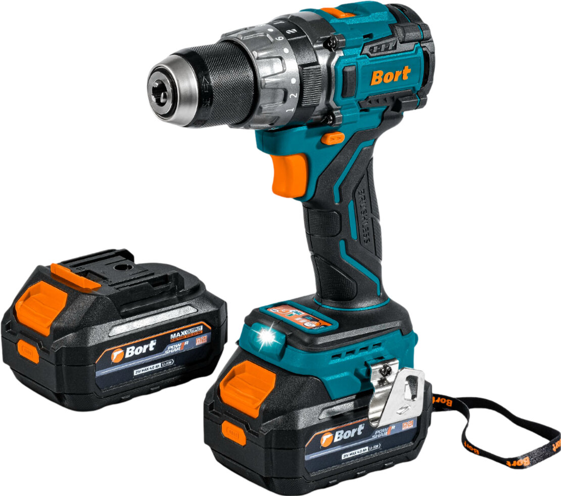 Дрель-шуруповерт аккумуляторная ударная BORT BAB-21U (2x4Ач+ЗУ), 100Нм, 18В, Бесщеточный двигатель