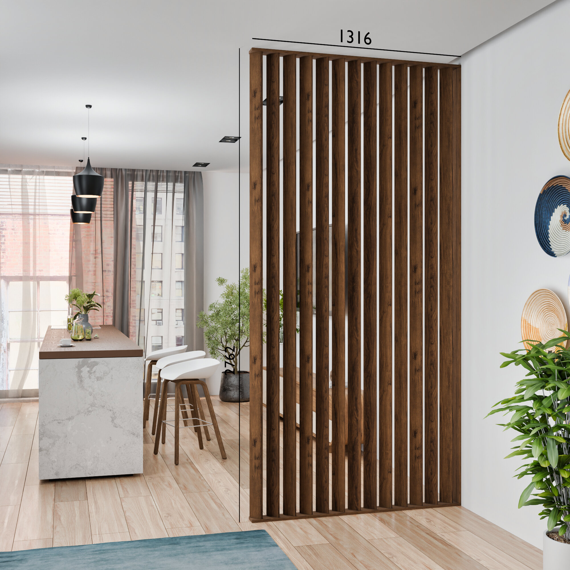 Реечная перегородка 1316 мм для зонирования салона, офиса, цвет Дуб Катания