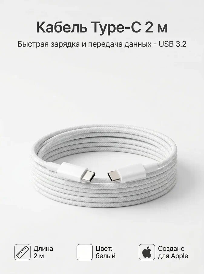 Провод Type-C - Type-C 60 W 2 метр Белый быстрая зарядка для iPhone 15,16, 17, Samsung, Xiaomi и других устройств