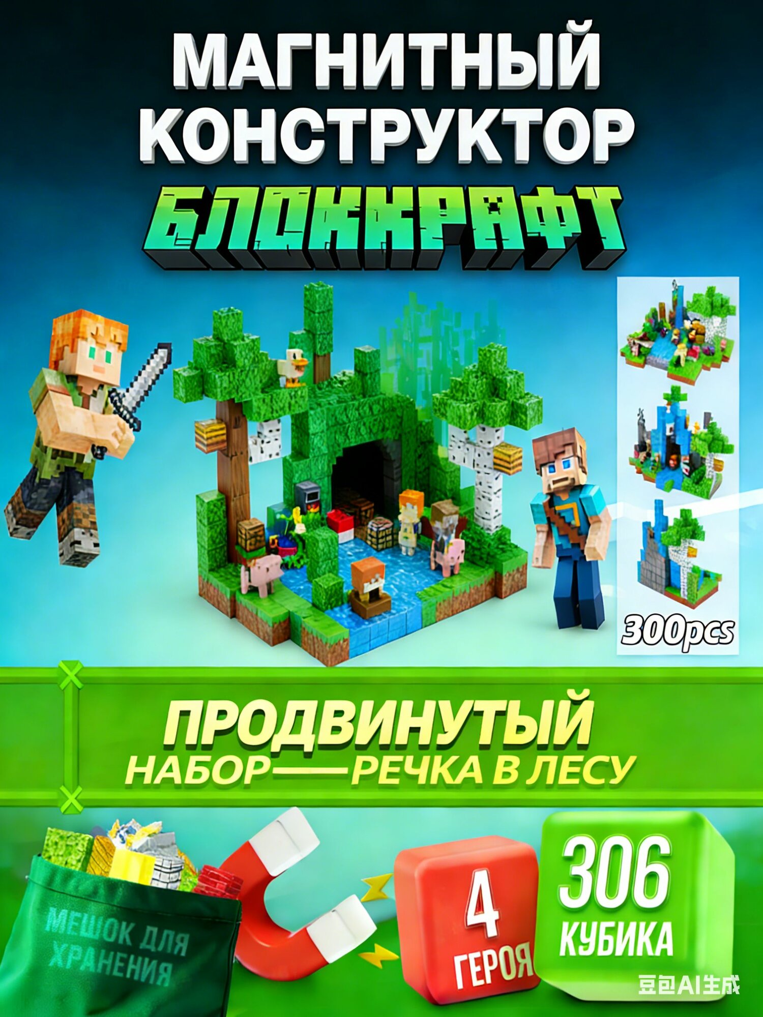Майнкрафт, магнитный конструктор майнкрафт 300 шт, сделай сам, Minecraft магнитный конструктор 300 случайных блоков