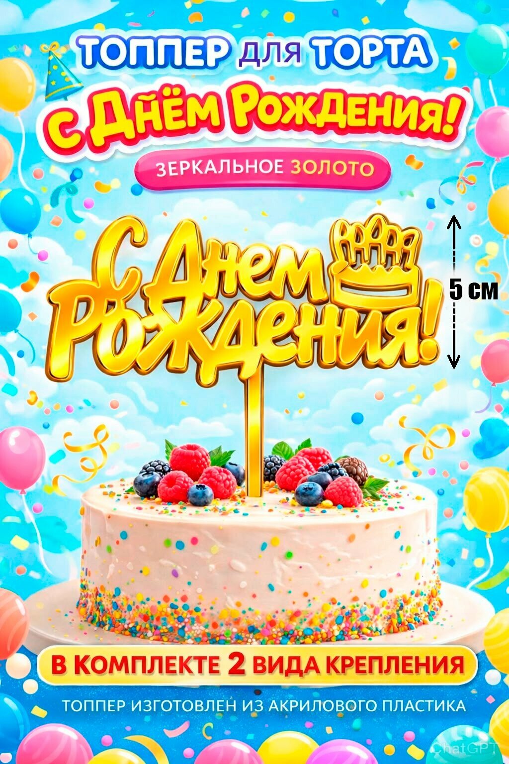 Топпер для торта "С днём рождения, тортик" Зеркально, золотой