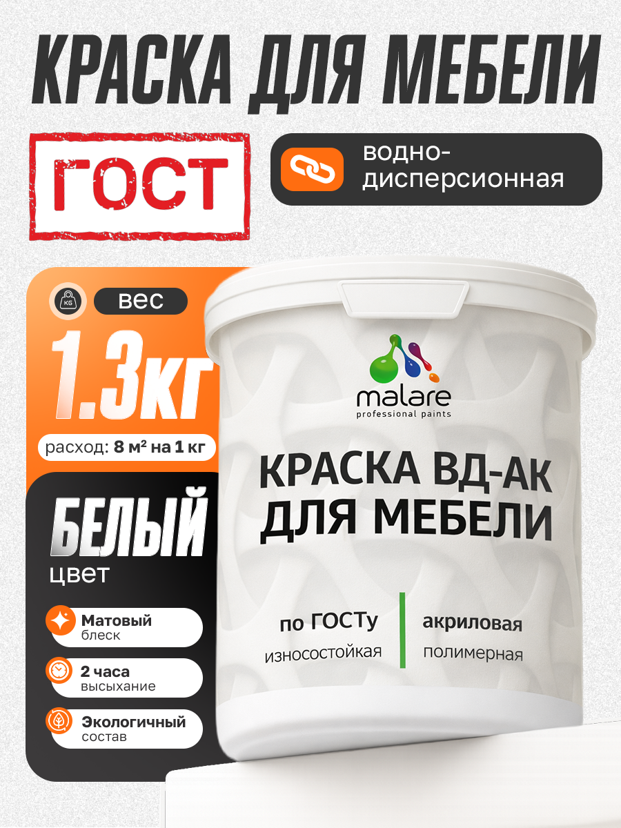 Краска для мебели акриловая Malare ГОСТ ВД-АК, матовая, белая 1,3 кг